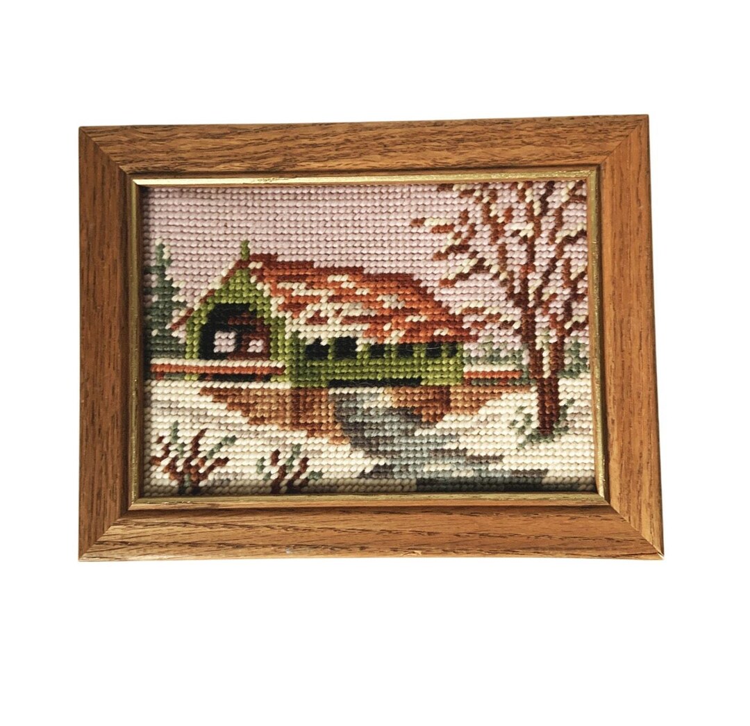 Vintage Needlepoint Picture Winter Covered Bridge Wood 6 X 8 Framed - Etsy