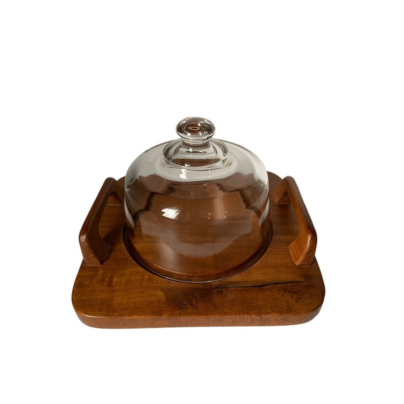 Vintage Mid Century Modern 2 Handle Teak Covered Glass Cheese Tray by ...