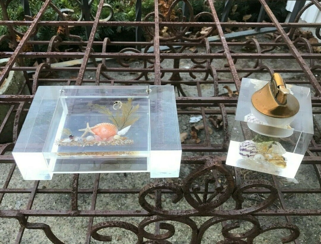 Vintage MCM Set Lucite Cigarette Case and Lighter Sea Shells - Etsy