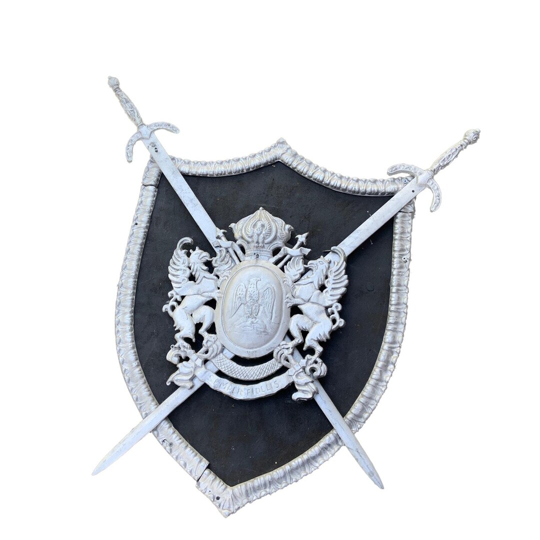 Semper Fidelis Cast Metal Double Horse Crest Coat of Arms Shield Swords ...