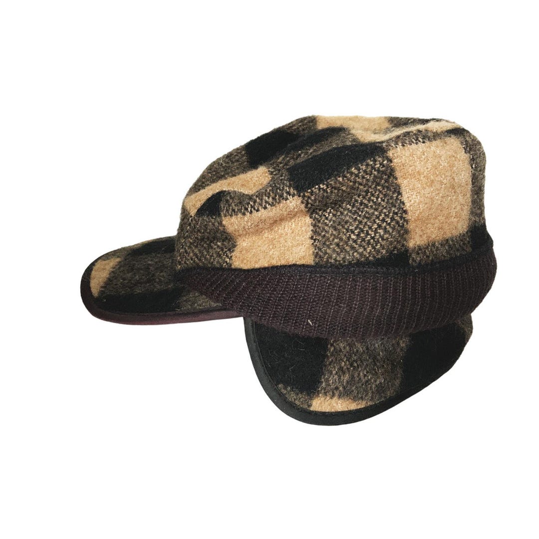 Vtg 50s Folding Ear Flaps Black Tan Buffalo Plaid Wool Cap Trapper Hat ...