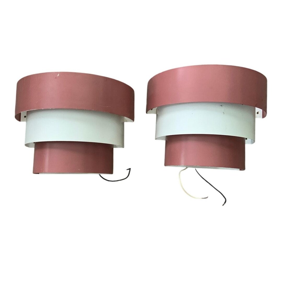 Pair of Tiered Art Deco Wall Sconce Light Shade White Mauve Metal MCM ...