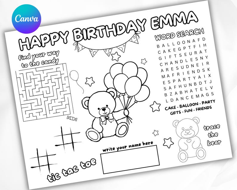 Editable Birthday Coloring Placemat, Printable Party Activity Sheet ...