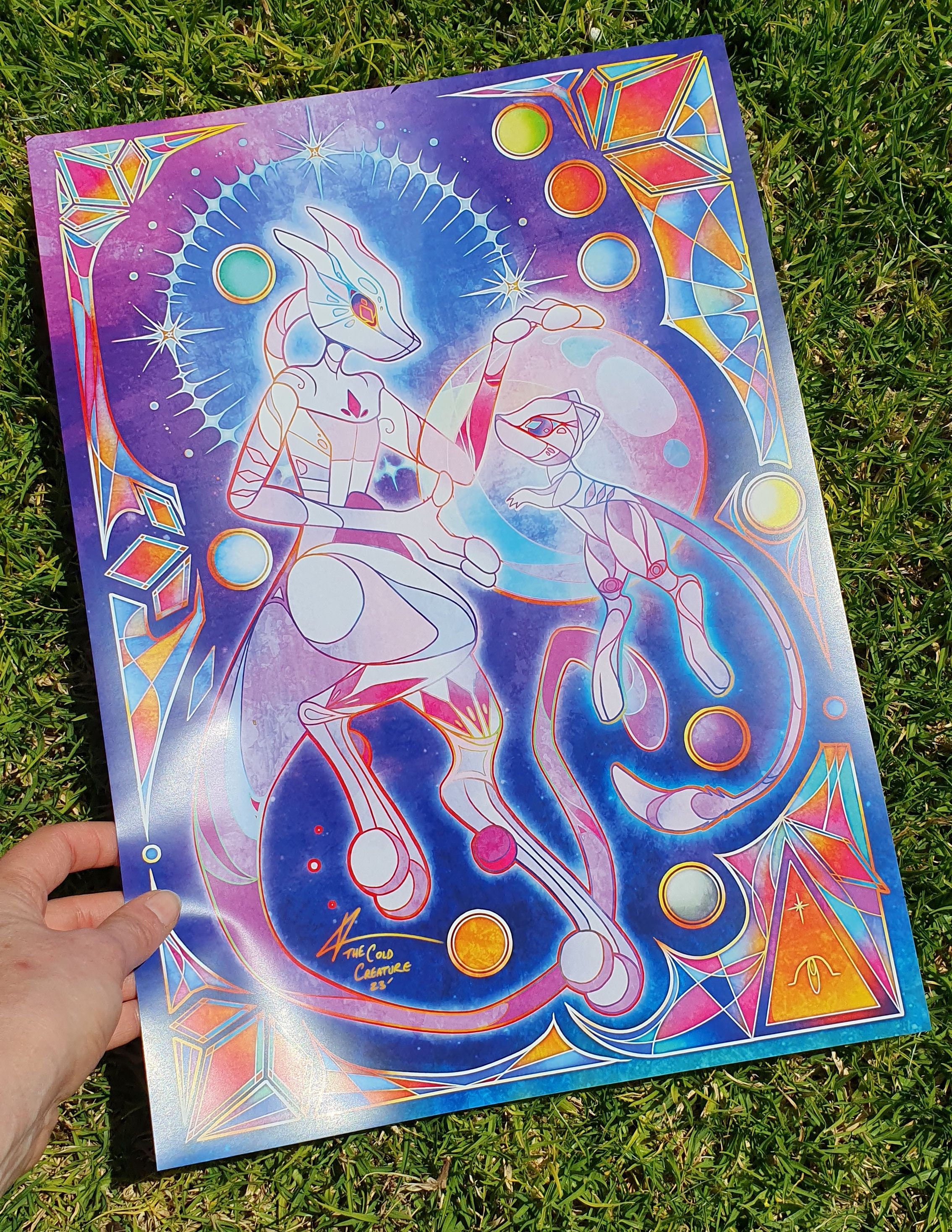 Mewtwo Mew Evolution Stained Glass A3 Art Print Pocket Monster - Etsy
