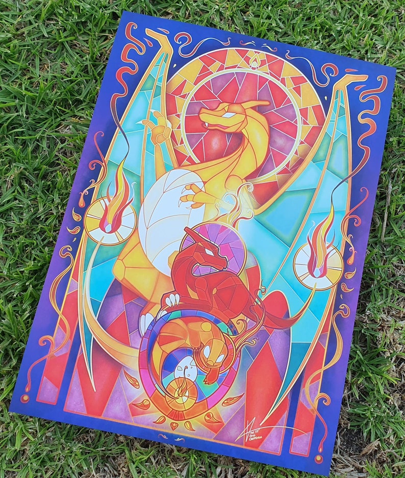 Charizard Evolution - Stained Glass A3 Art Print - Pocket Monster - Etsy