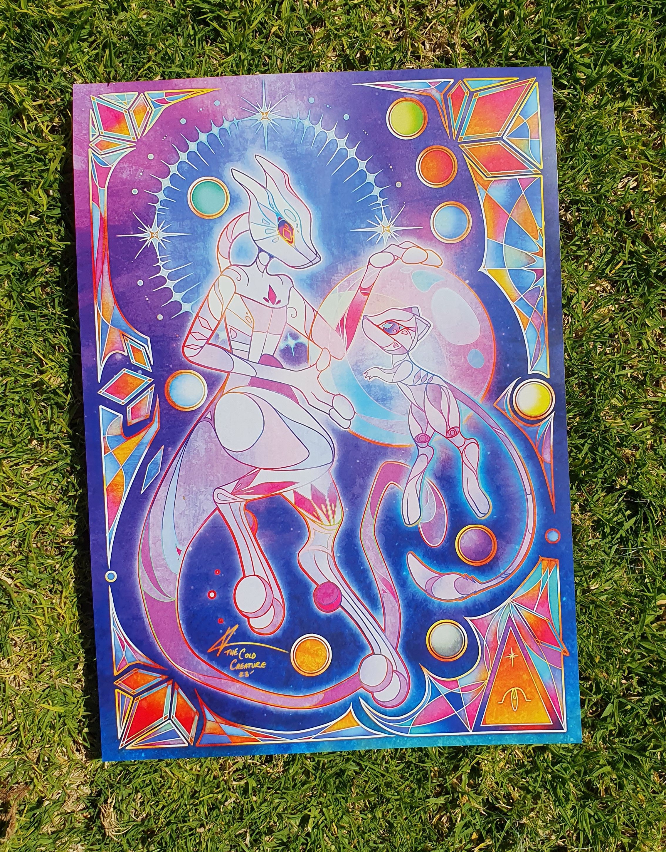 Mewtwo Mew Evolution Stained Glass A3 Art Print Pocket Monster - Etsy