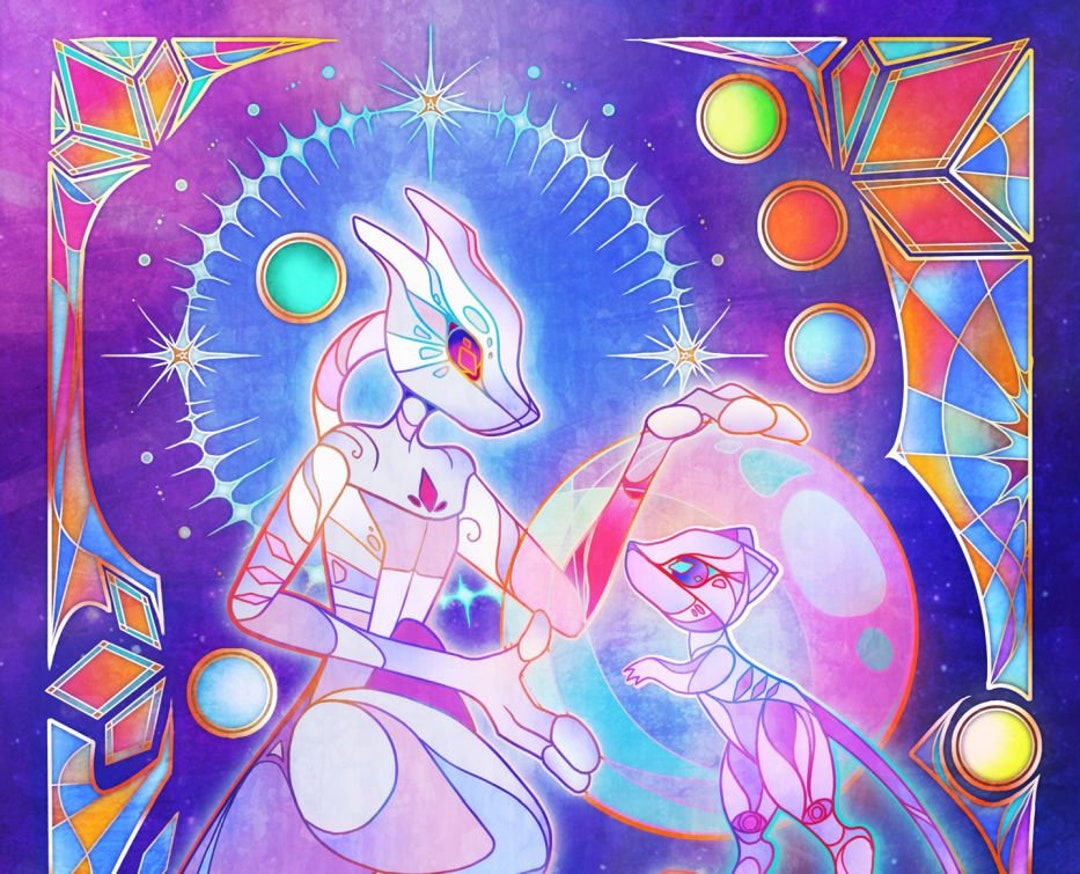Mewtwo Mew Evolution - Stained Glass A3 Art Print - Pocket Monster - Etsy