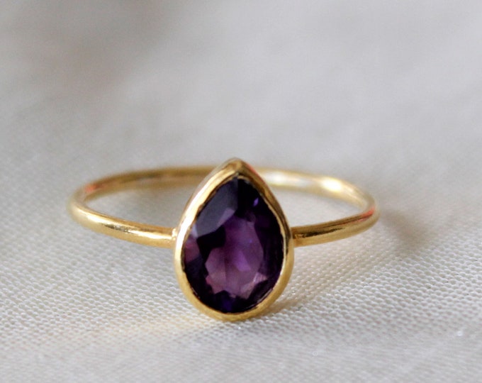 Purple Amethyst Ring, Sterling Silver Ring, Gold Plated Ring, Pear Amethyst Ring, Handmade Ring ...