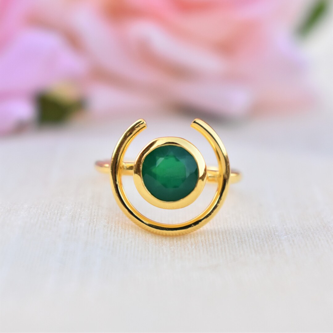 Green Onyx Ring, Sterling Silver Ring, Gold Plated Ring, Crescent Moon ...