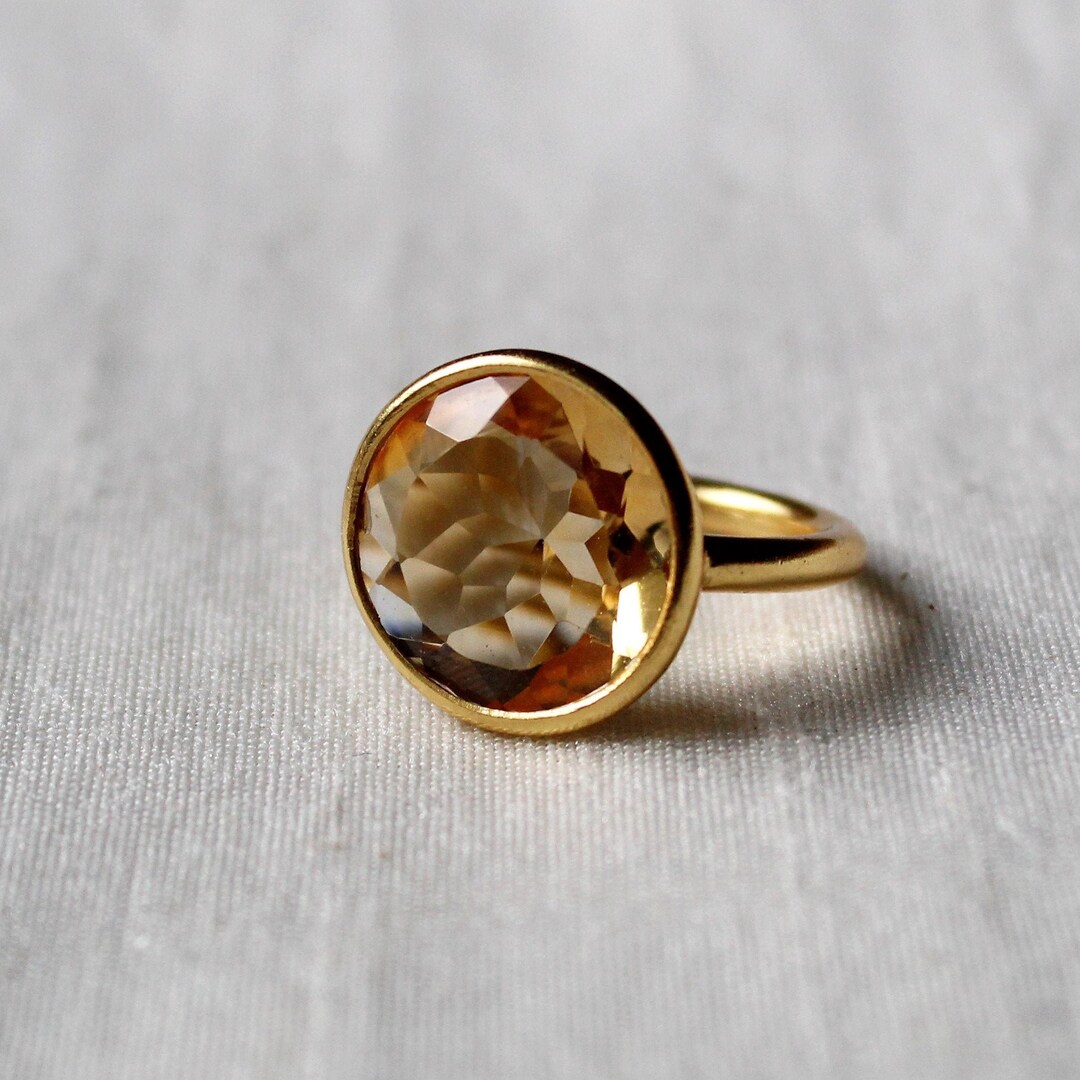 Natural Citrine Ring, 925 Sterling Silver Ring, Gold Plated, Round ...
