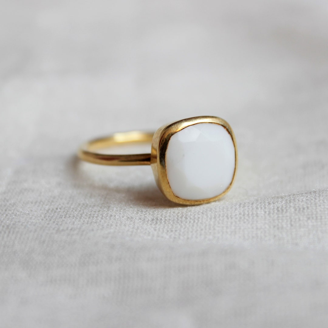 White Agate Ring, 925 Sterling Silver Ring, Gold Plated Ring, Square ...
