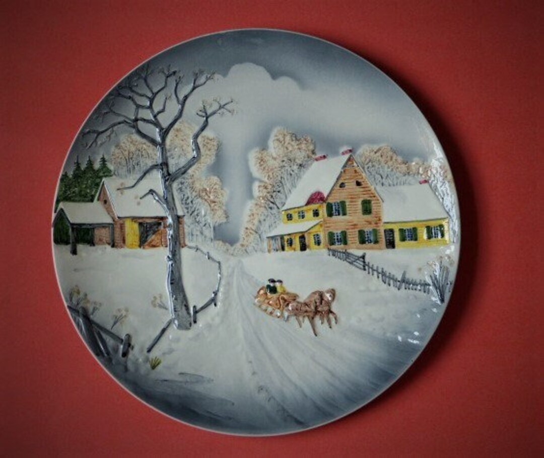 HIGHMOUNT M.B.D. Decorative Plate Majolica Winter Horse-drawn Sleigh Ride 13” Made in W. Germany ...