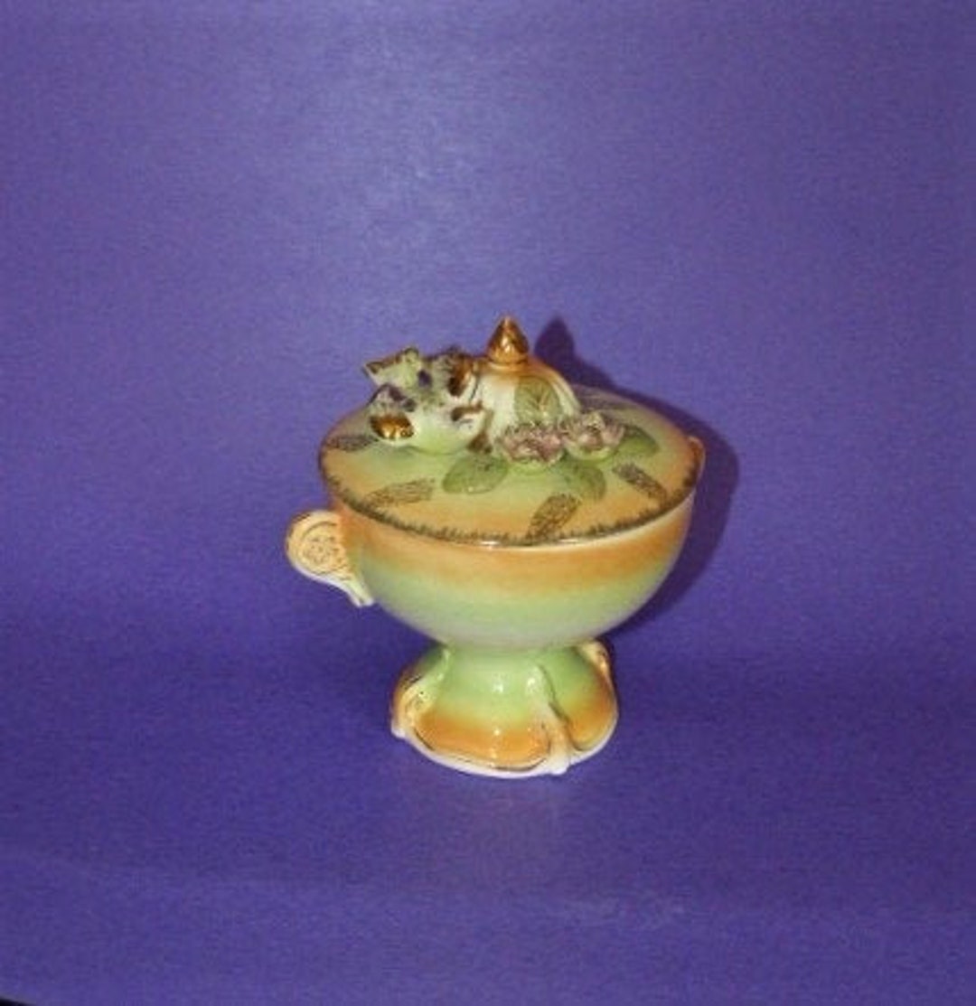 BETSON Lidded Candy Dish Compote Hand Painted Pedestal 2 Handles 6 X 6. ...