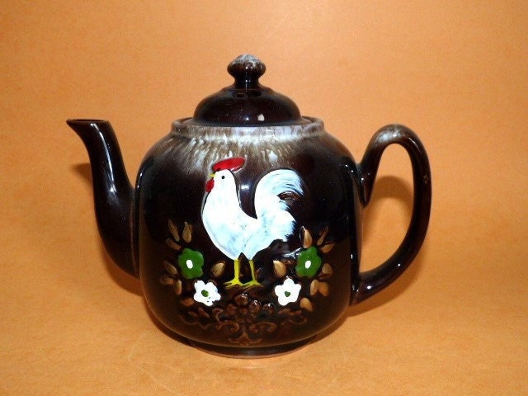 Rooster Mini Teapot Brown Drip Hand Painted Rustic Country Farmhouse ...