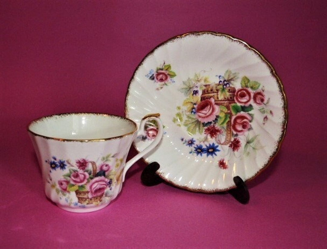 ROYAL SUTHERLAND H+M Teacup Coffee Cup & Saucer Floral Basket Brushed ...