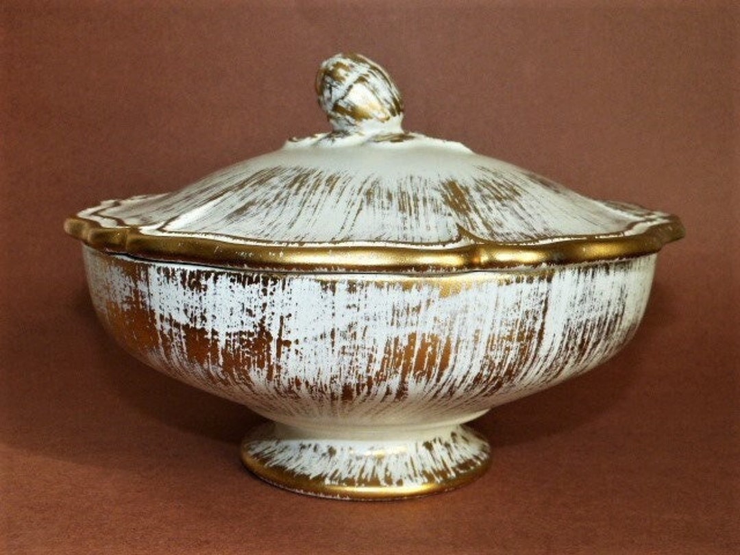 ROYAL HAEGER 22K Gold Tweed Lidded Pedestal Bowl 717 White Brushed Gold ...