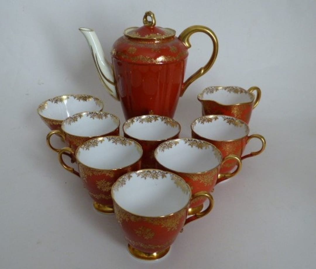 PARAGON Coffee Pot & Demitasse Set 10 Pieces Orange Gold Accents Fine ...