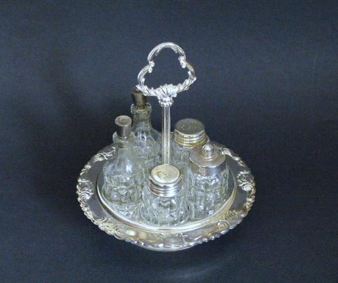 HUGO Silver Plated Condiment Caddy Spinning 6 Pieces Tray Salt & Pepper ...