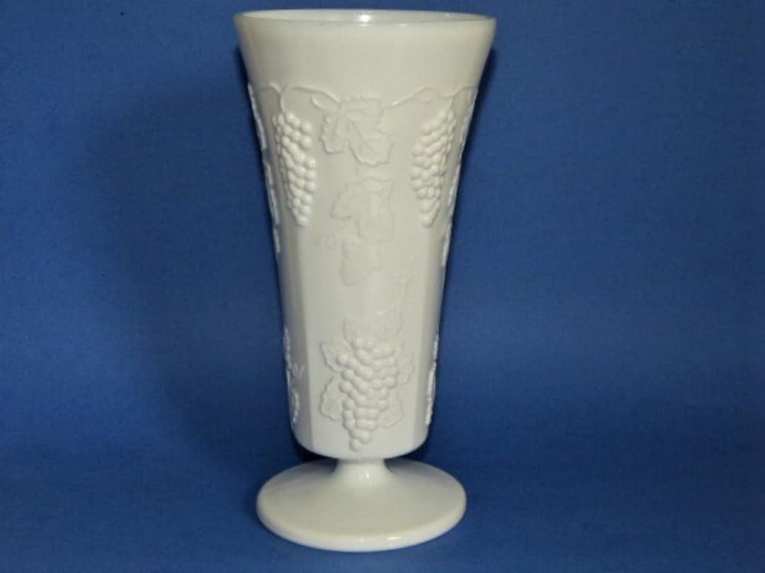 INDIANA by COLONY Milk Glass Flower Vase Grapes Leaves Pattern Footed ...