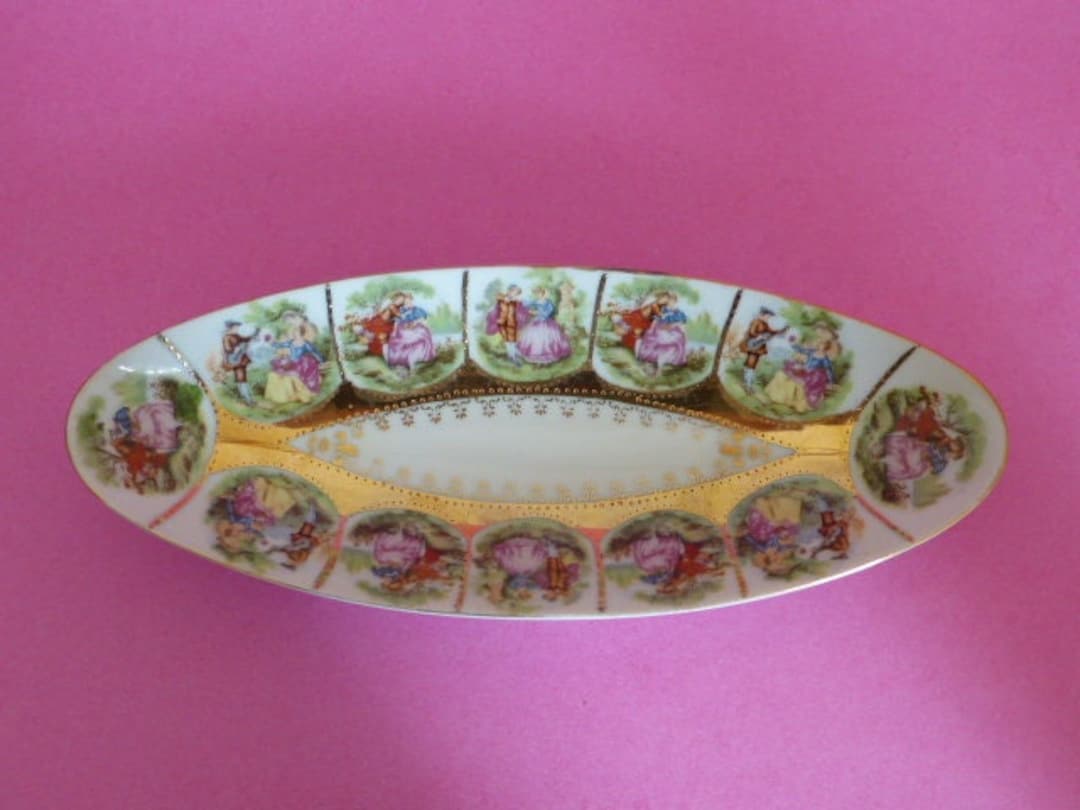 Condiment Dish Porcelain Oval European Courting Couple Gold Accents 3. ...