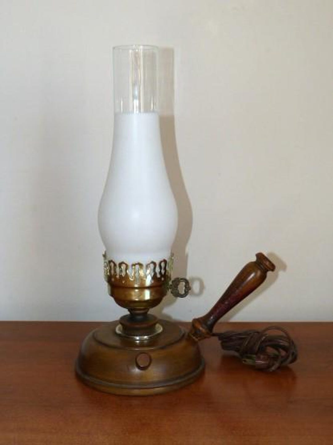 Electric Hurricane Table Lamp With Wood Handle and Base Brass Fixture ...