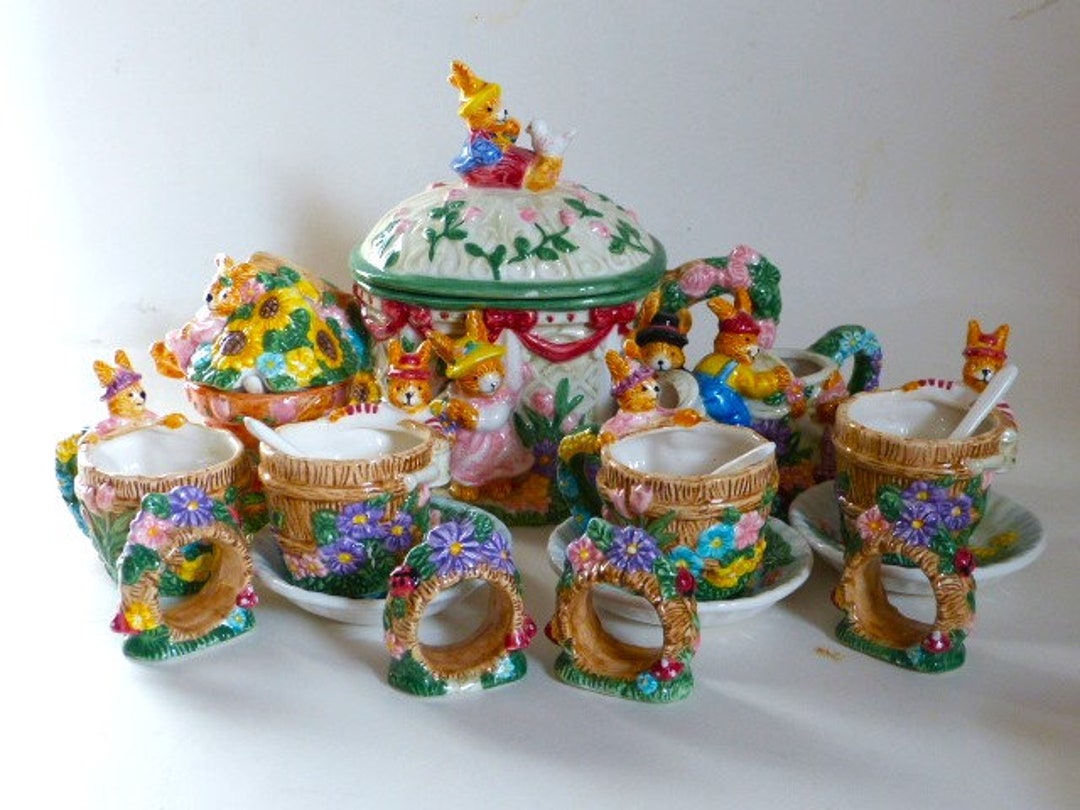 MERCURIES Bunny Garden Party Tea Set Springtime Floral Easter 20 Pieces ...