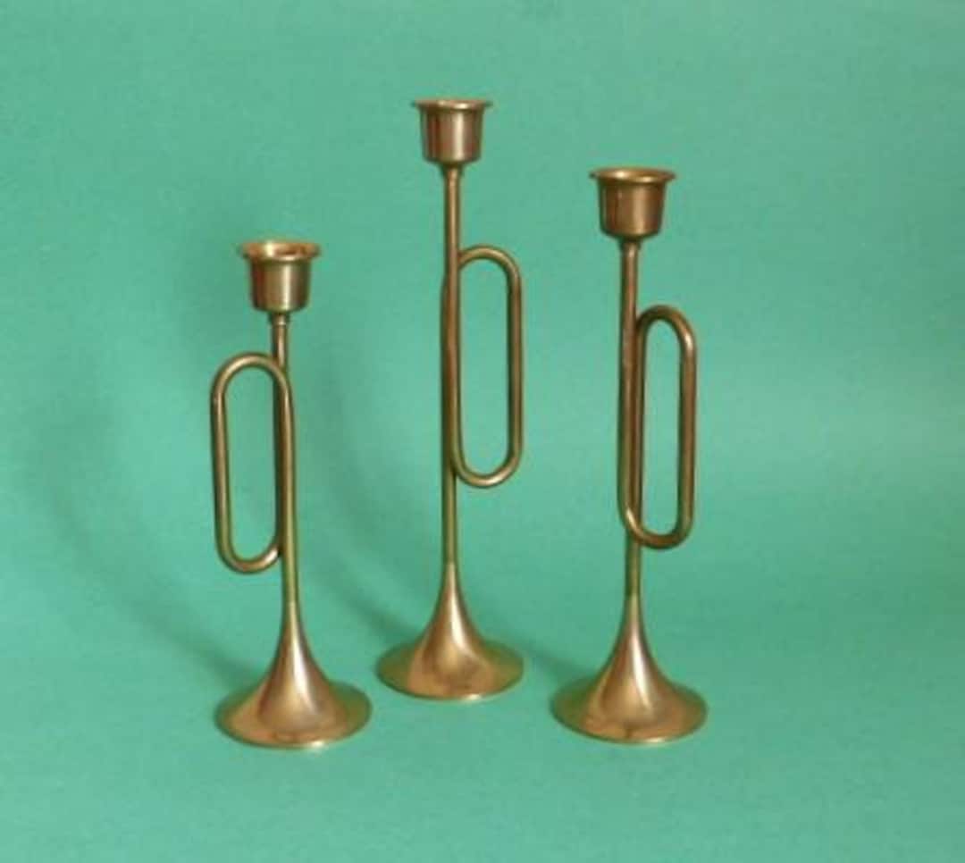 Taper Candle Holders Herald Trumpets Brass Set of 3 Made in Taiwan 9 ...