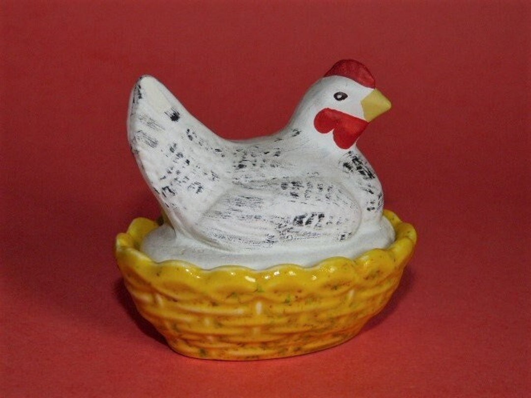 Mini Hen-on-a-nest Ceramic White Hand Painted Hen Yellow Glazed Basket ...