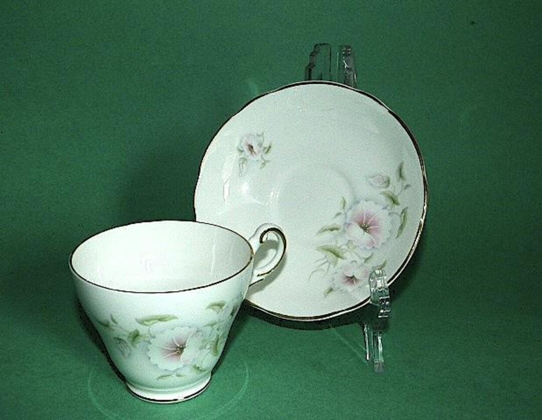 REGENCY Teacup Coffee Cup Saucer White Pale Pink Flowers Green Leaves ...