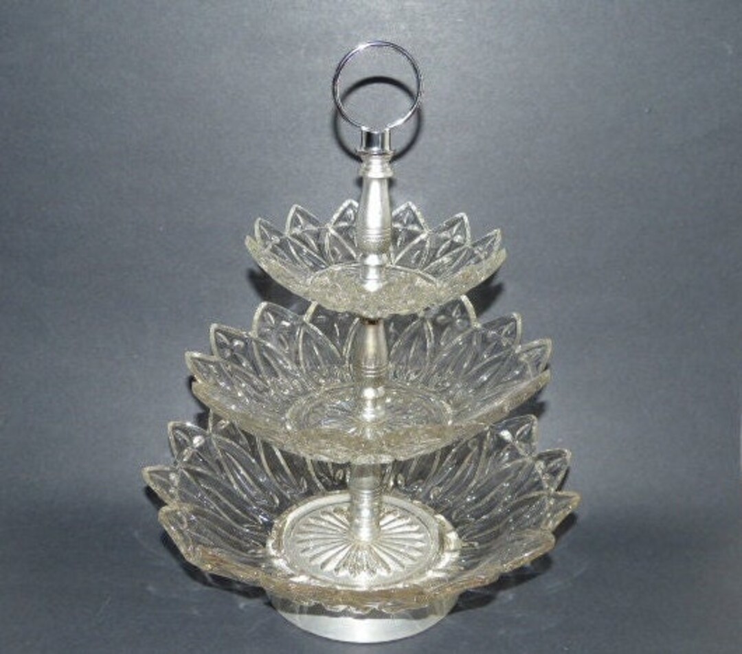 Cookie Candy 3-tiered Clear Glass Serving Stand Silver Assembly 13” X ...