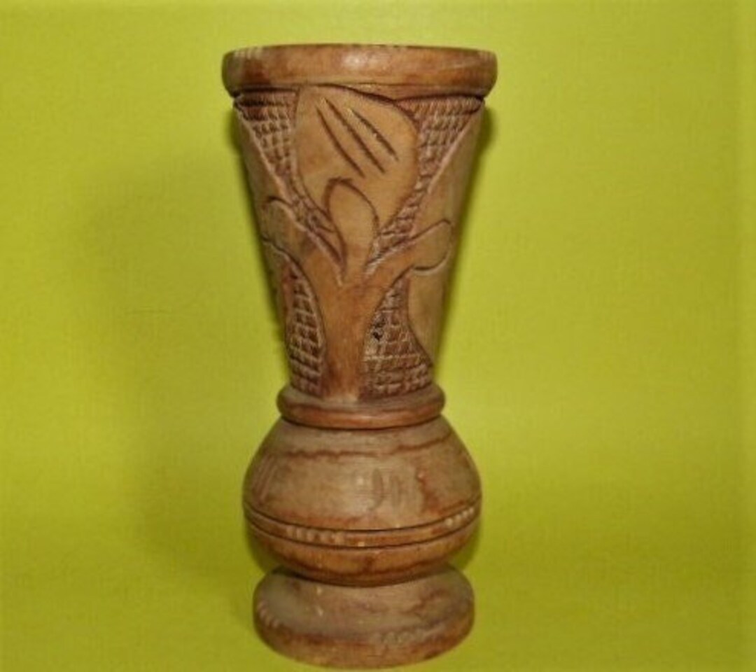 Carved Wood Rustic Vase Exotic Flowers Round Base 9” X 4” - Etsy