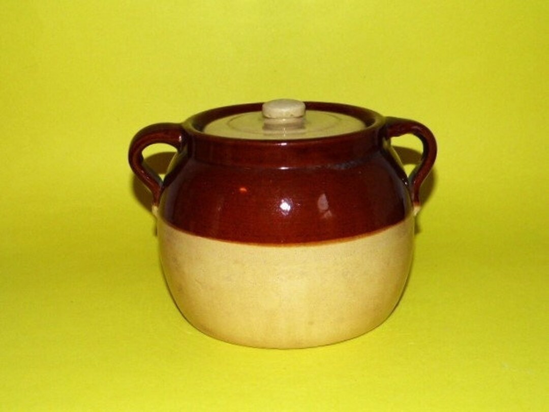 Vintage Bean Pot Glazed Pottery Two Handles Rustic Farmhouse Country ...