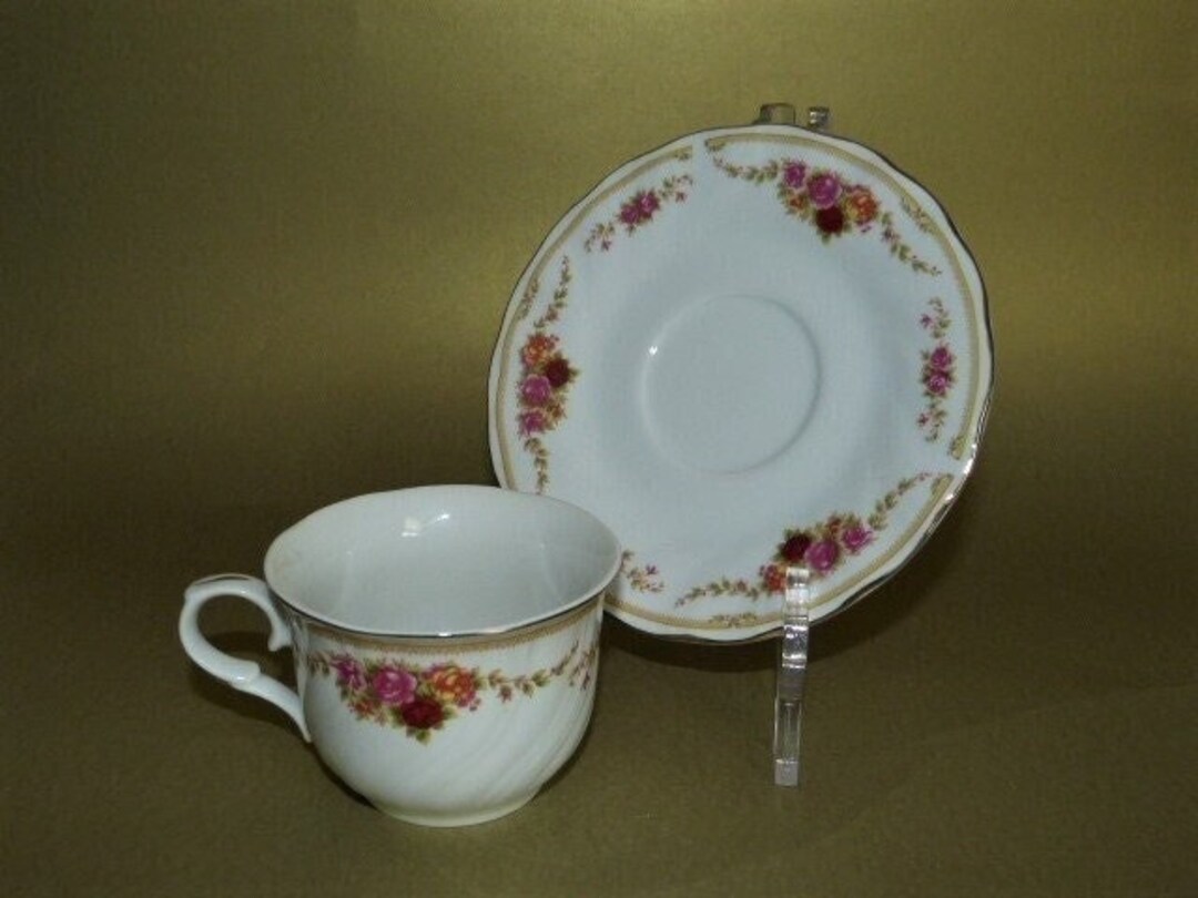 CIERA Teacup & Saucer Set Fine China Luscious Roses Swirls Scalloped ...