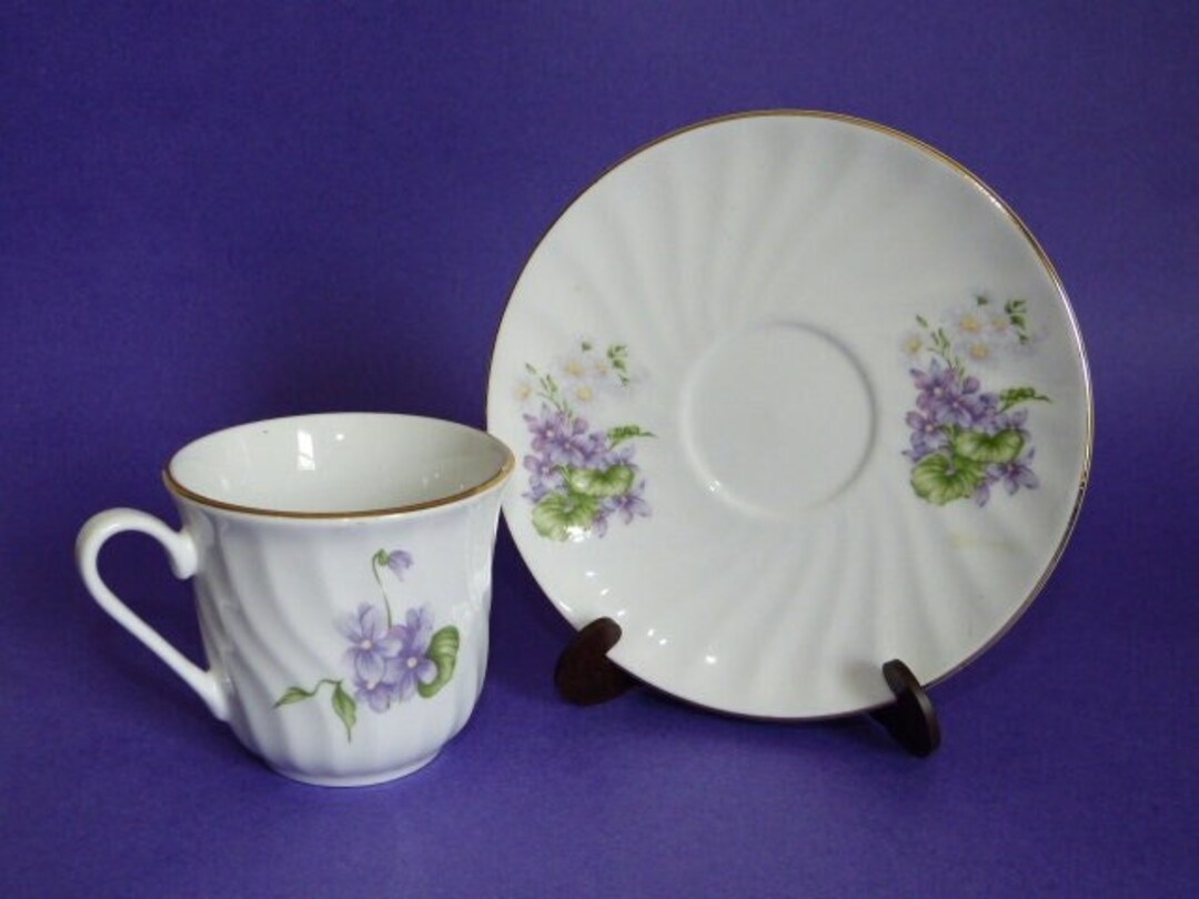 CIERA Teacup Coffee Cup & Saucer Fine China Purple Violets Gold Accents ...