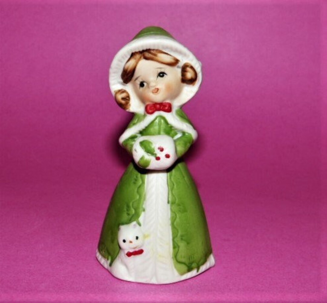 Victorian Girl With Muff & White Cat Bell Bisque Hand Painted Christmas ...