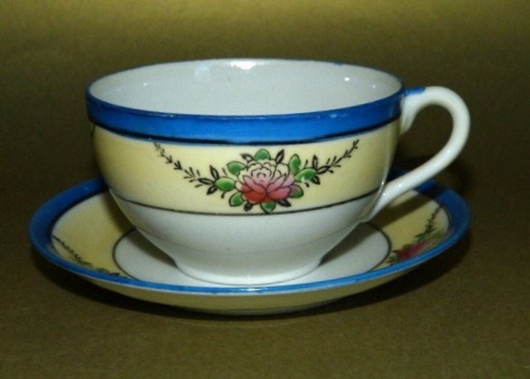 Teacup Coffee Cup & Saucer Bone China Translucent Blue Yellow Floral ...