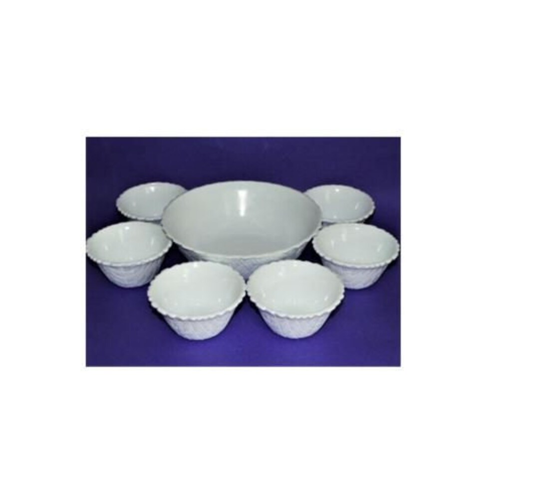 INDIANA GLASS Milk Glass 7 Pc Berry Bowl Set Weavetex Lg Bowl + 6 Small ...
