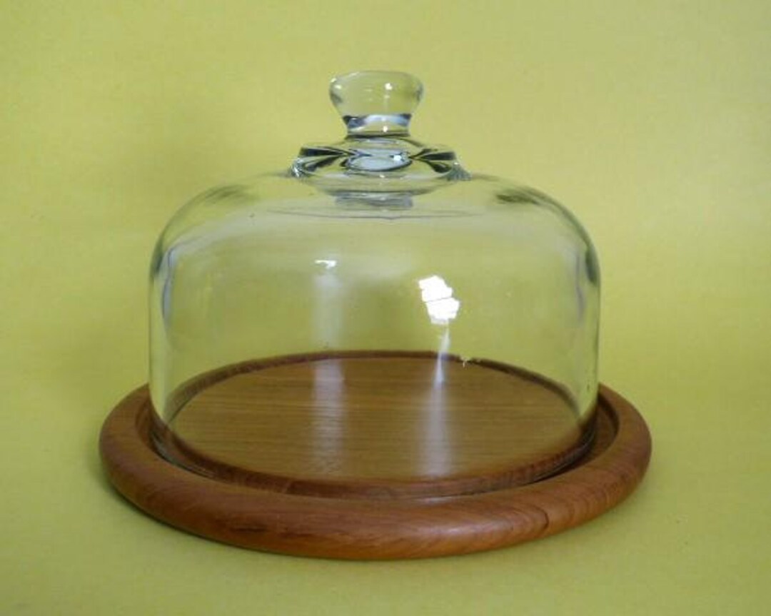 DOLPHIN Cheese Server Clear Glass Dome & Genuine Teakwood Plate Made in ...