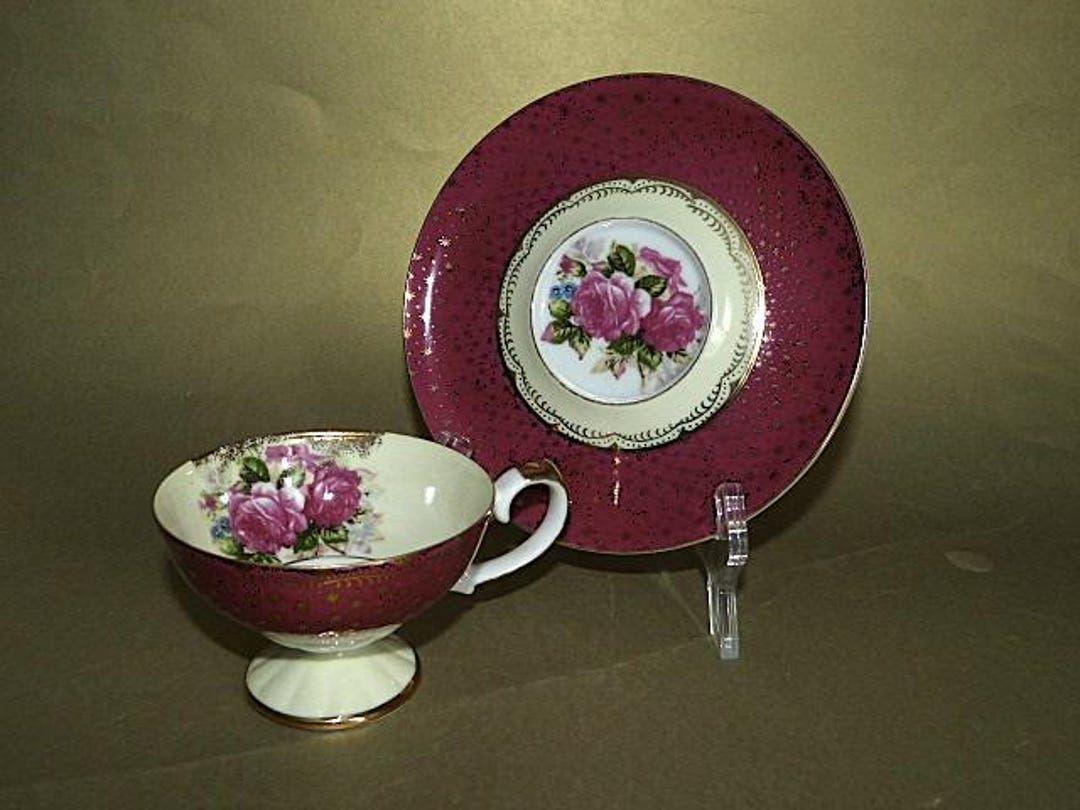 LEFTON CHINA Red Gold Red Roses Gold Star Accents Footed Hand Painted ...