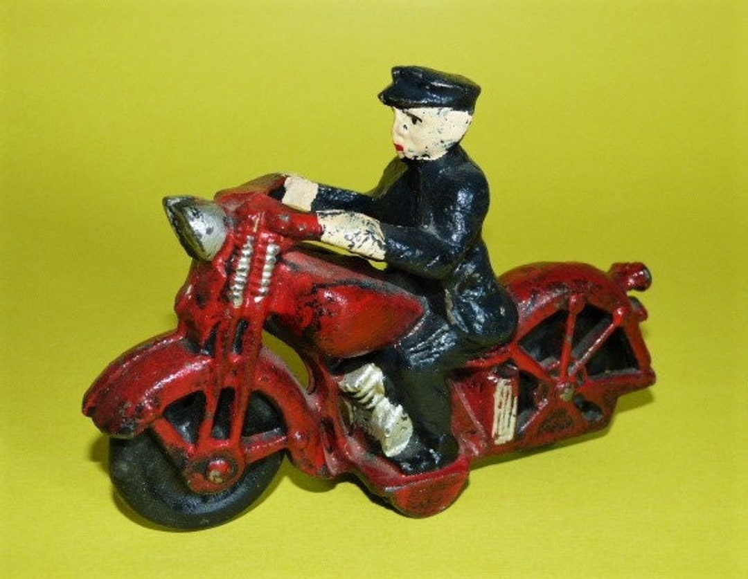 HUBLEY Cast Iron Patrol Cop on Motorcycle Red Silver Black 1930s 4.25 X ...