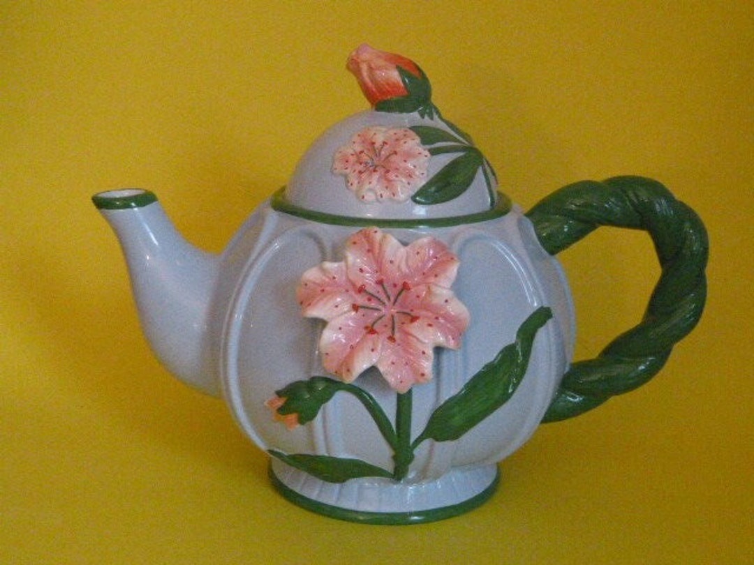 Teapot Ceramic Pale Blue Pink Flowers Green Foliage Made in China 8.25 ...
