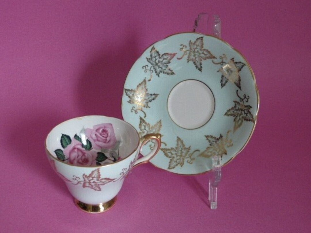 HM SUTHERLAND Teacup Coffee Cup & Saucer Pale Green Pink Roses Gold ...