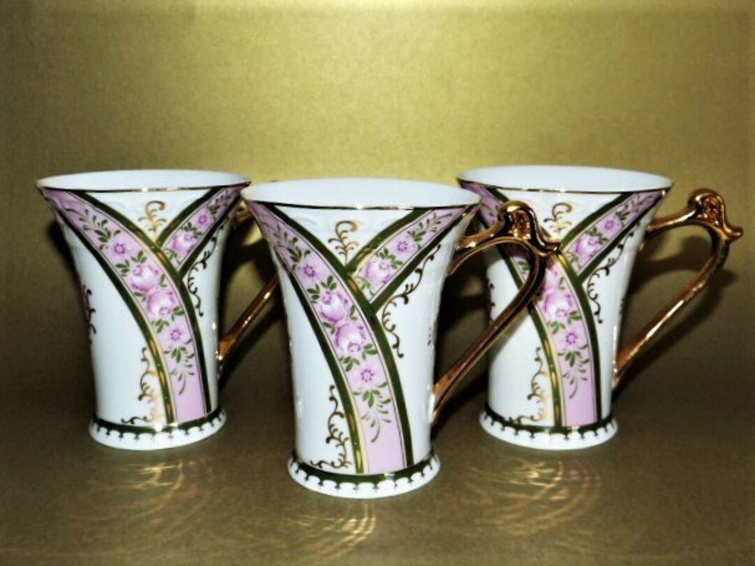 SORELLE Coffee Mugs Set of 3 Pink Roses Gold Accents Fine Porcelain ...