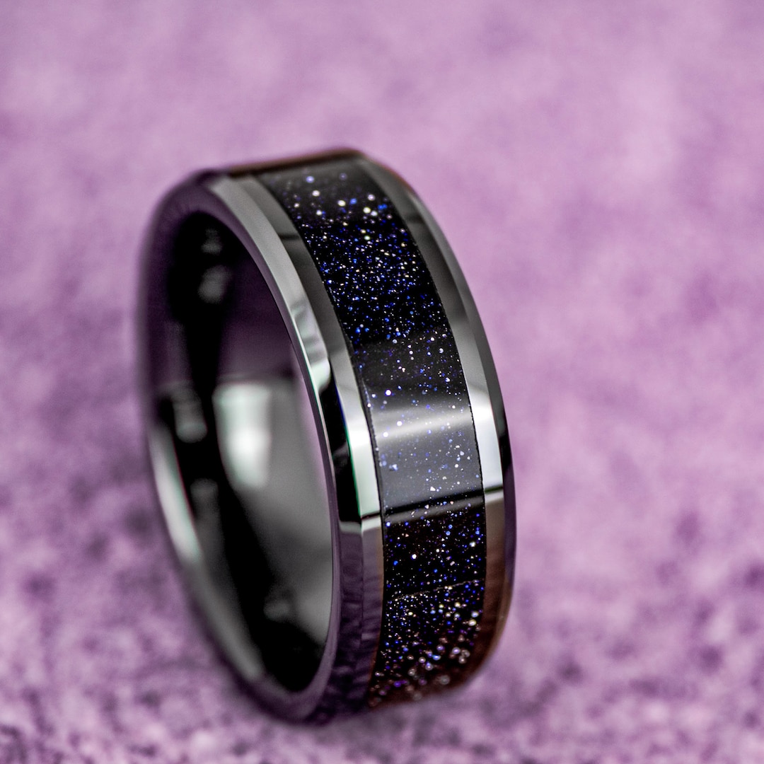 Black Ceramic Wedding Ring With Purple Goldstone Inlay and Personalized ...