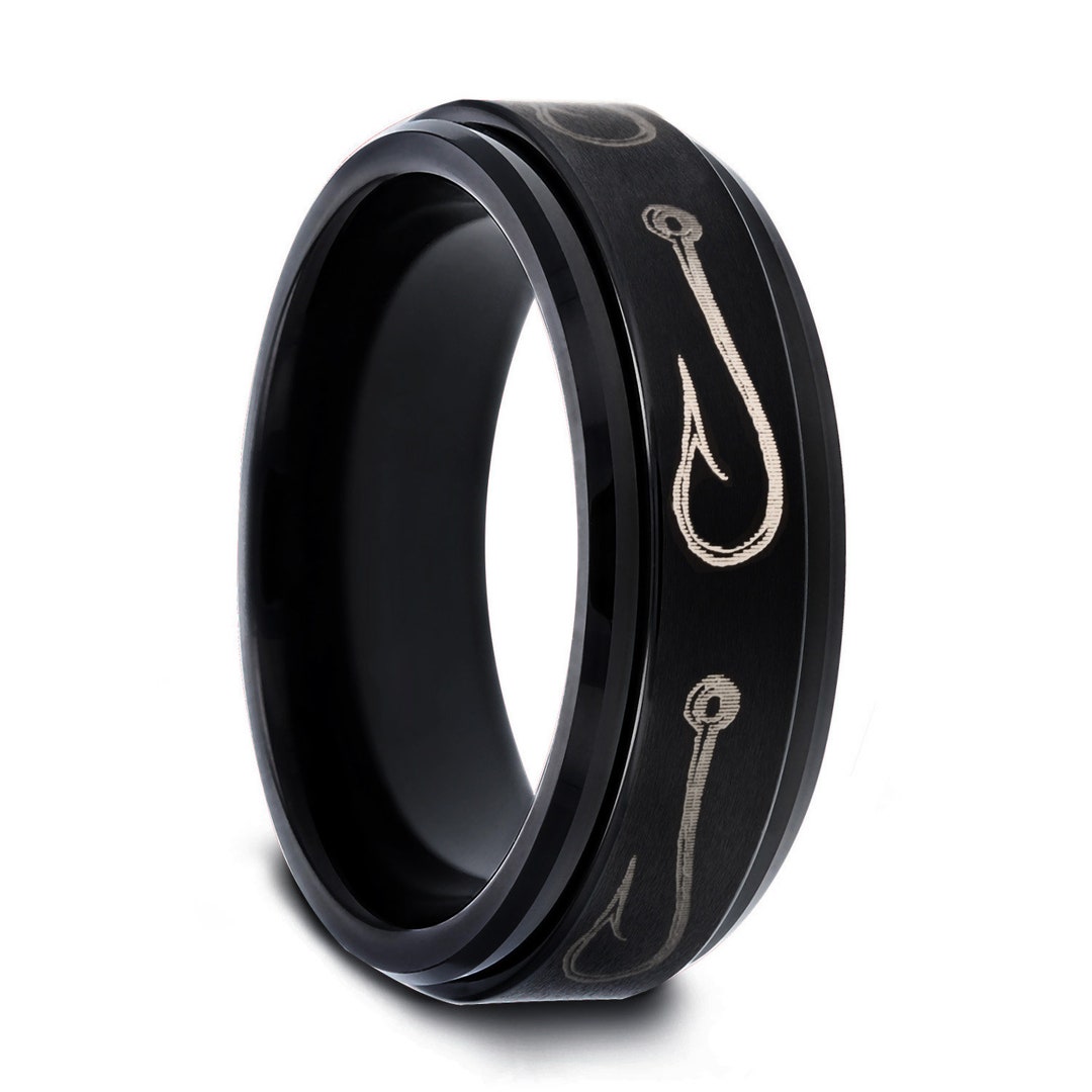 Fish Hook Spinner Black Tungsten Men's Wedding Band With Personalized ...