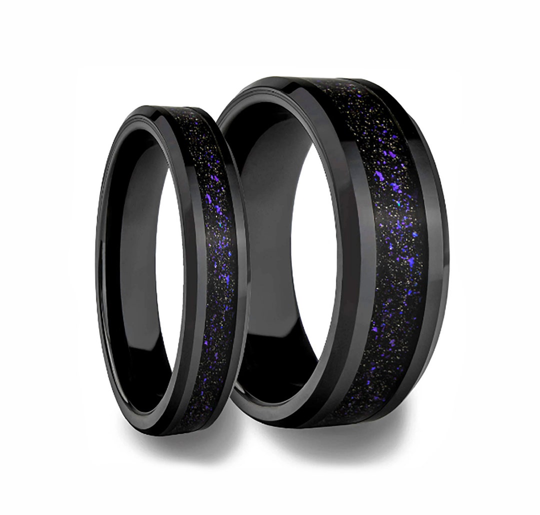 Couple's Purple Galaxy Matching Black Ceramic Wedding Ring Set, Unique ...