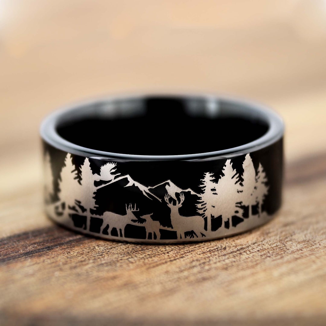 Deer & Mountains Black Tungsten Men's Wedding Band With Personalized ...