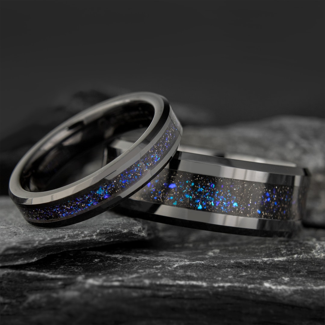 Couple's Purple Galaxy Inlay Matching Wedding Ring Set, Unique Wedding ...