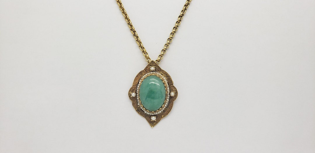 Estate 14K Gold Jadeite & Seed Pearl Necklace Pendant Brooch Vintage ...