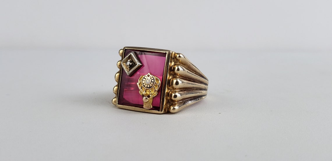 Vintage Men's 10K Gold Ruby & Diamond Elk's BPOE Ring | Etsy